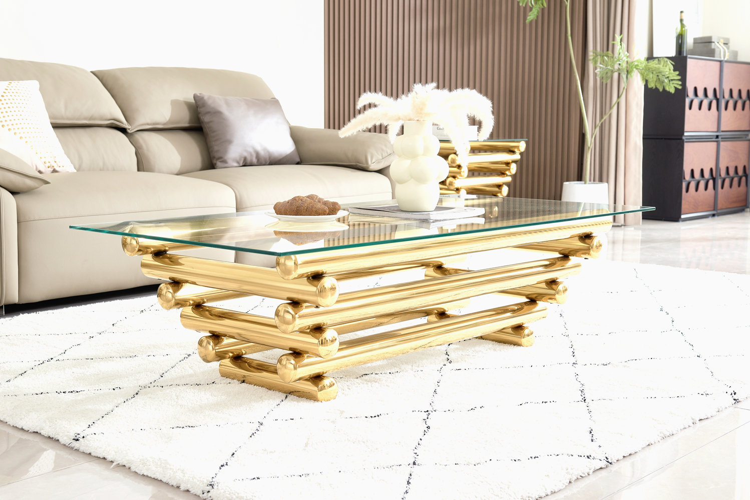 Ivy Bronx 55" Rectangle Modern Stainless Steel Coffee Table, Clear Tempered Glass Table Top ...